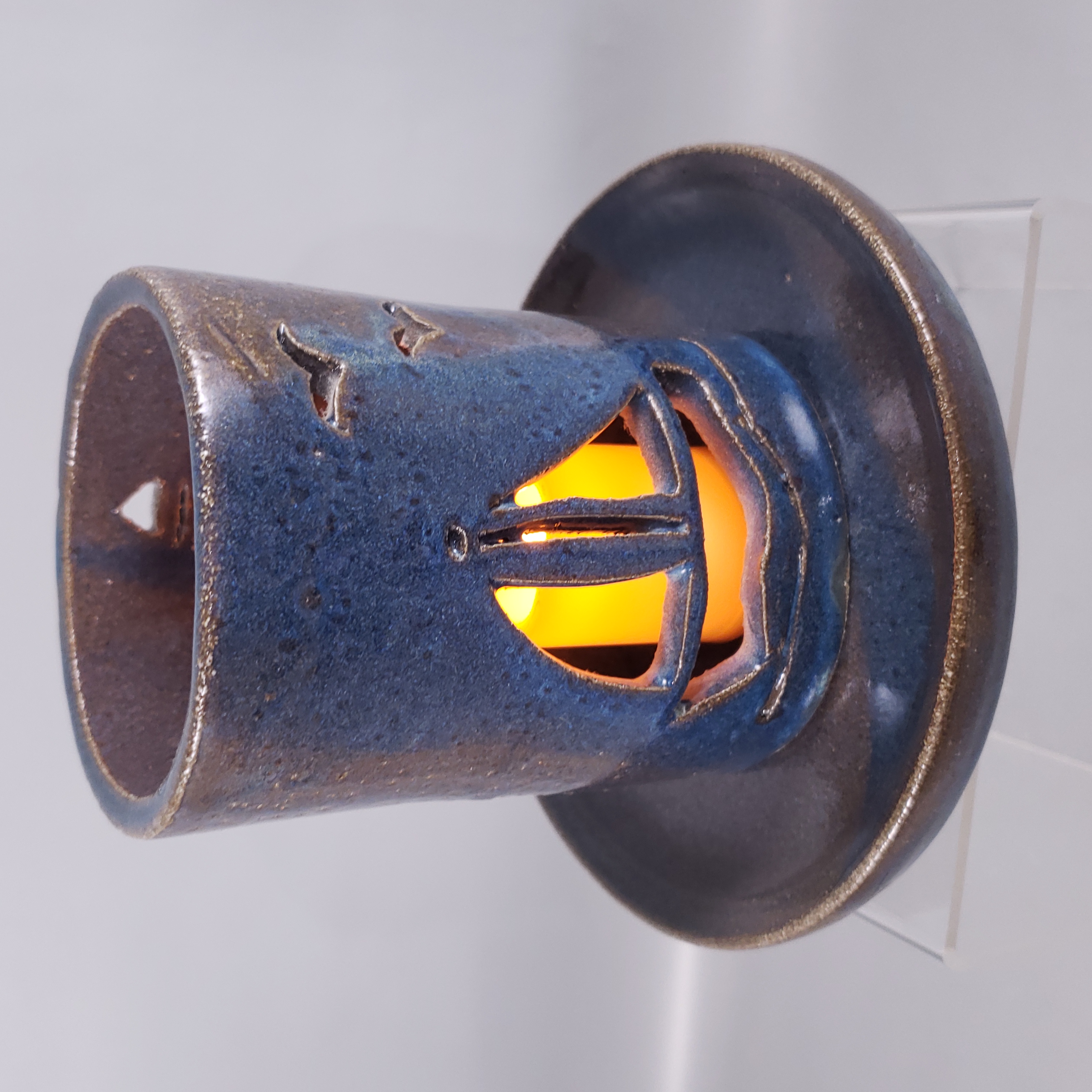 Vintage SIGNED STONEWARE ART POTTERY Sail Boat Lighthouse TEA LIGHT LUMINARY