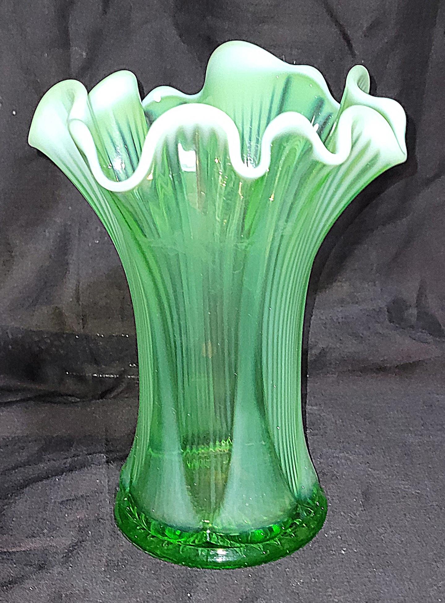 Antique Jefferson Glass Lime Green Opalescent Stretch Ruffled Glass Vase