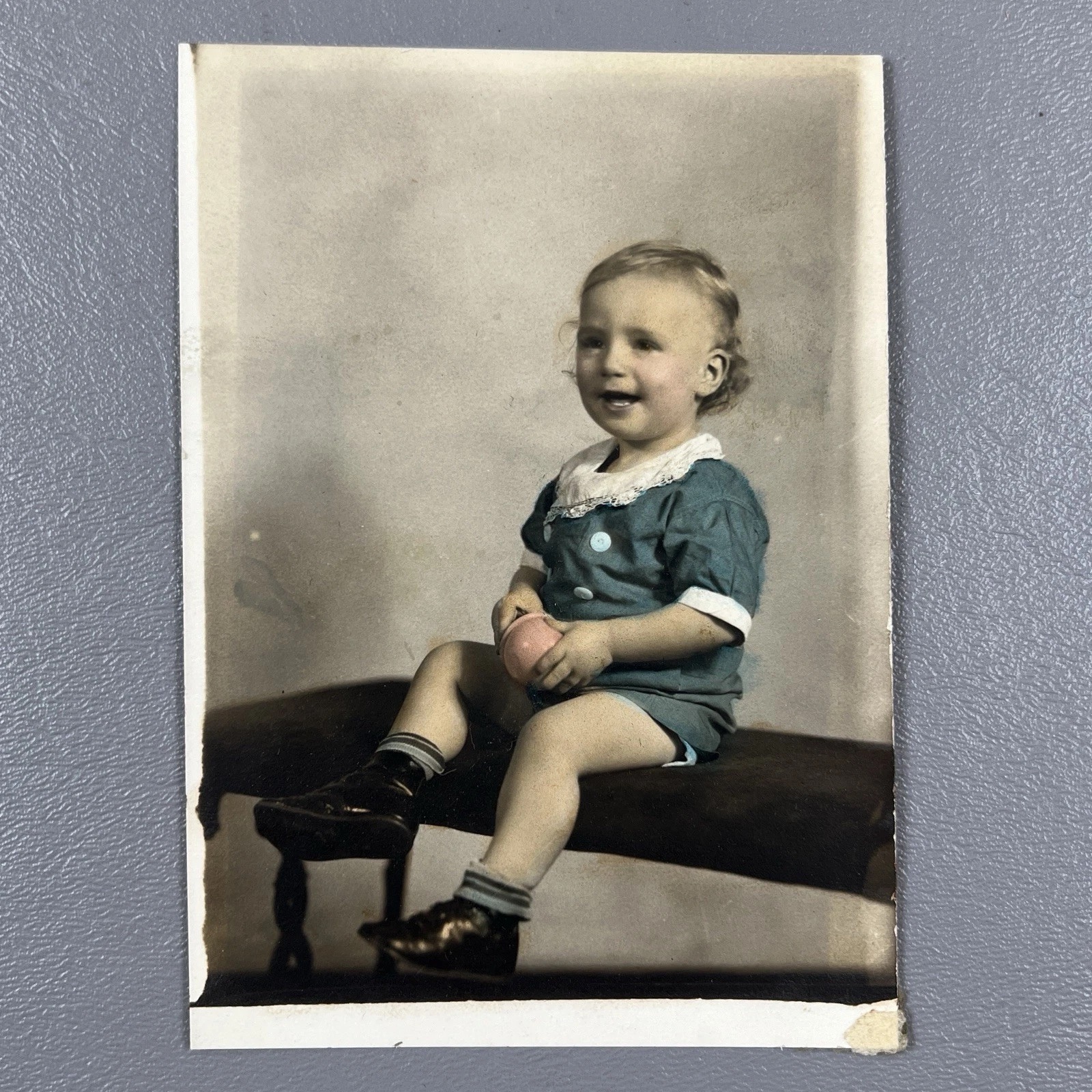 Vintage Early 1900s Studio Portrait Photo Child Sitting On A Bench With ...