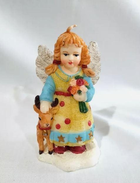 Vintage Carved Candle Angel Girl With Rose Bouquet And Baby Reindeer Unused