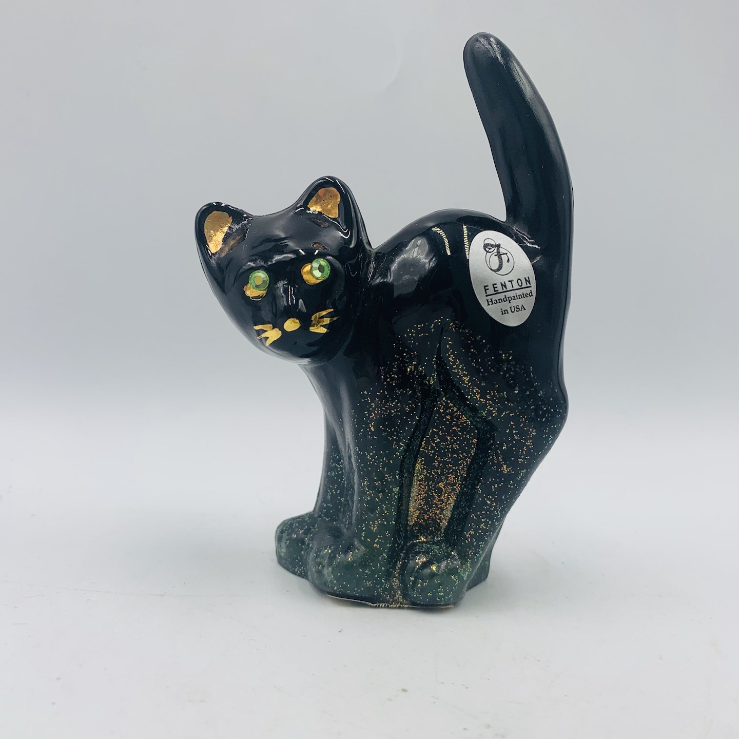 Fenton HTF black Scaredy Cat With Glitter And Rhinestone Eyes