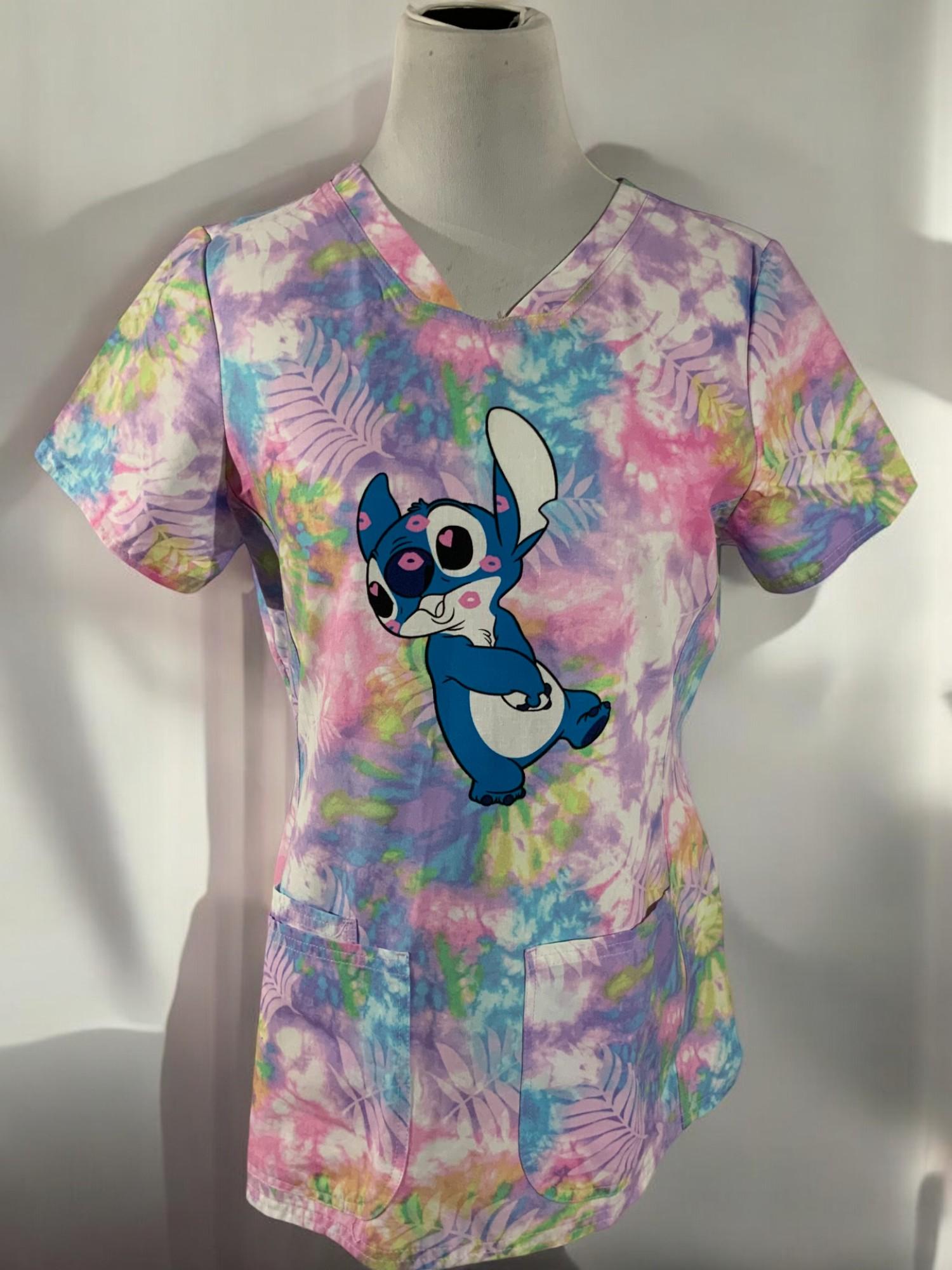 Disney Lilo Stitch Tie Dye Nurses Scrub Top Medium Womens Short Sleeve NEW