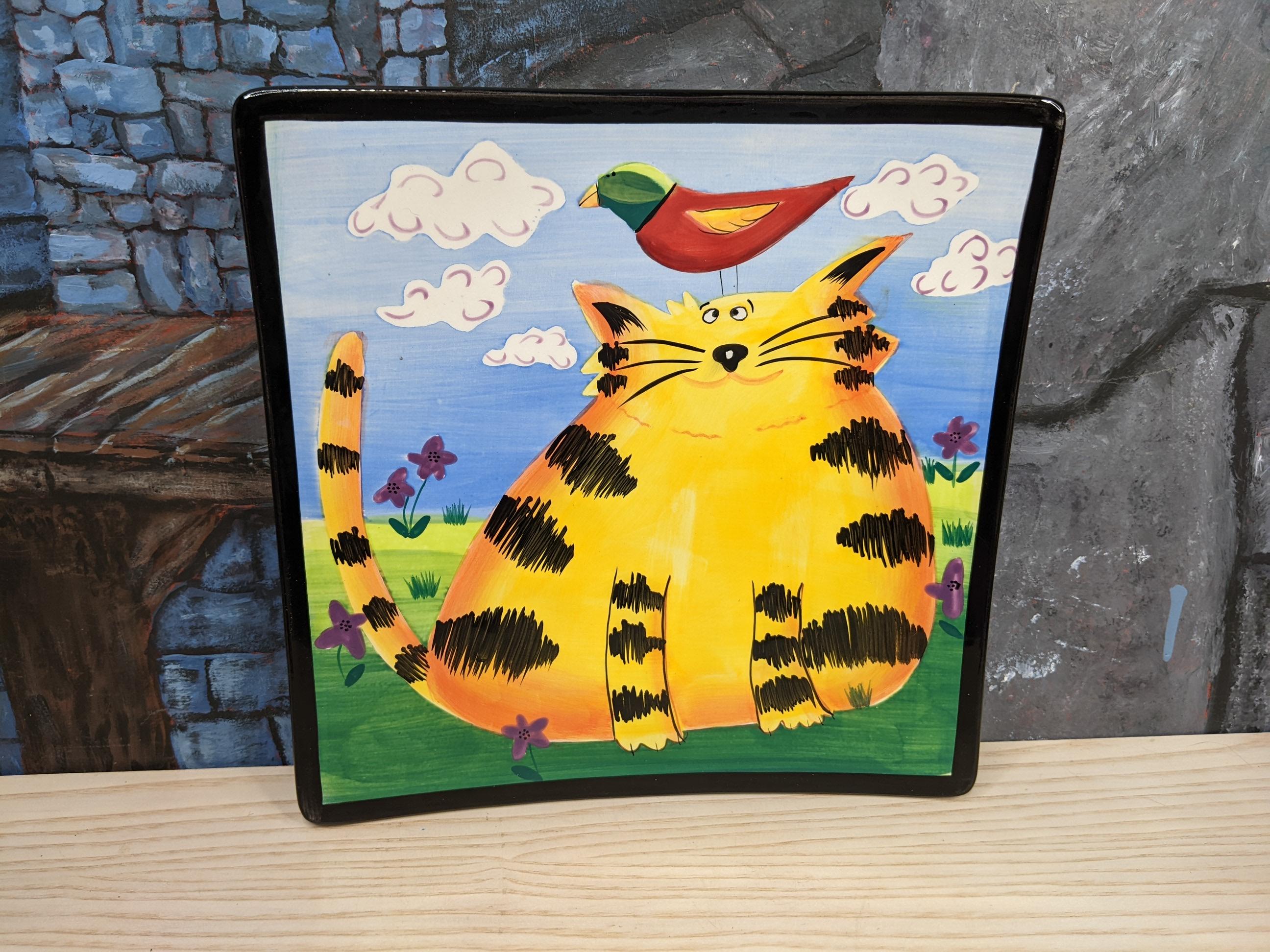 Mary Naylor Designs Happy Orange Cat Bird on Head Hand-Painted ...