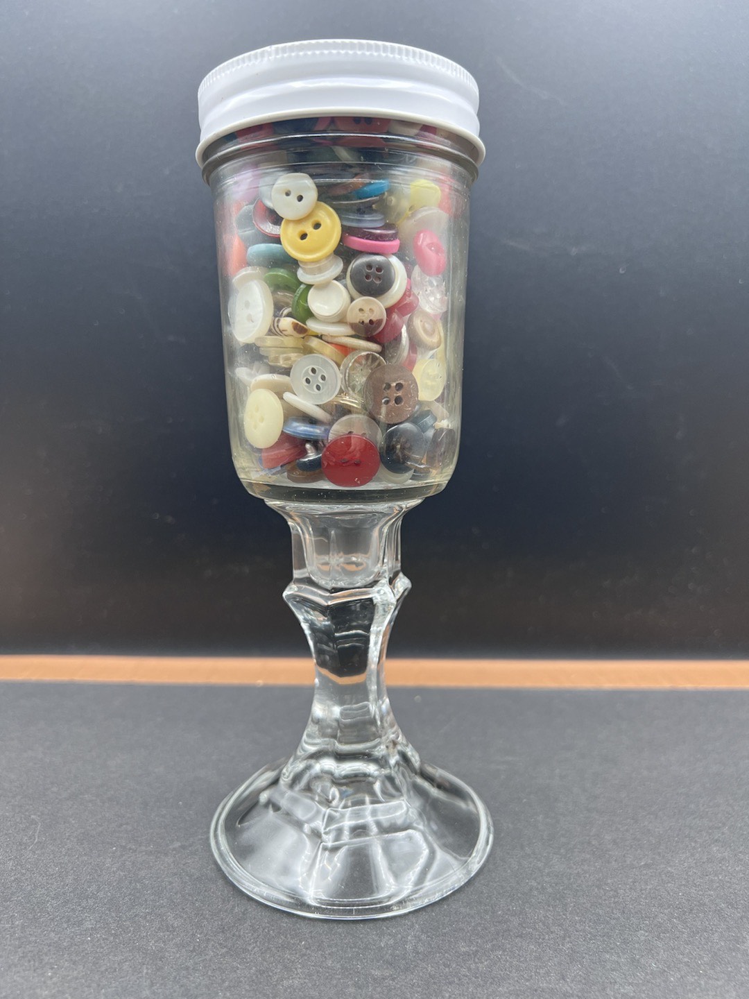 Jelly Jar Redneck Wine Glass Full of Vintage Buttons