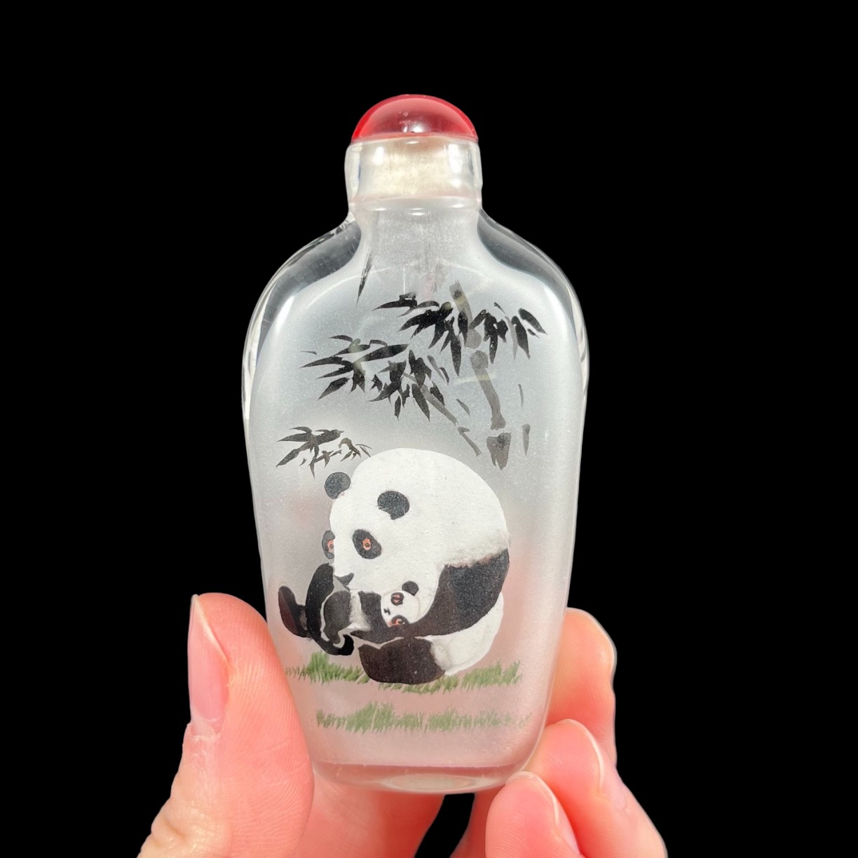 Glass Reverse Painted Panda Bear Snuff Bottle