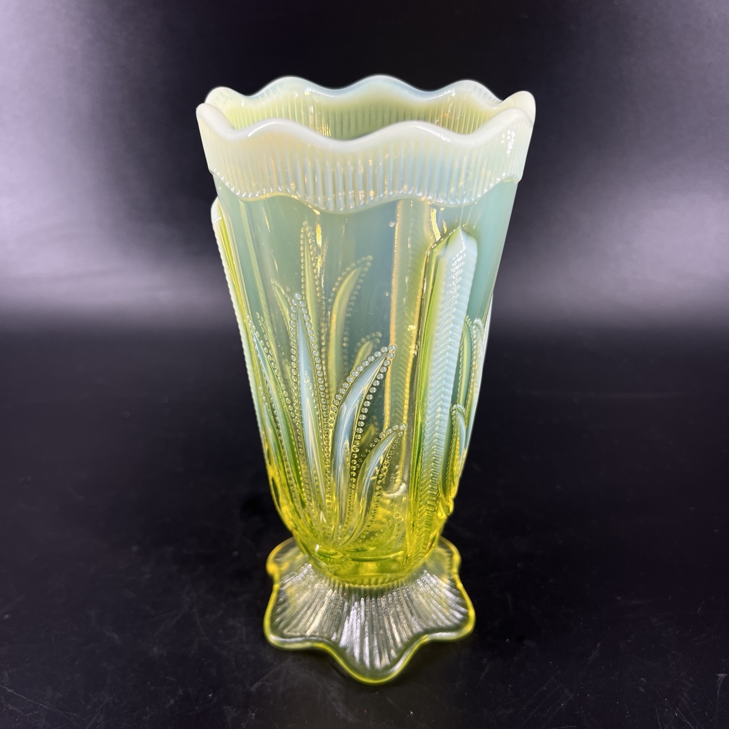 Fenton Topaz Yellow Footed Cactus Vase UV GLOWS