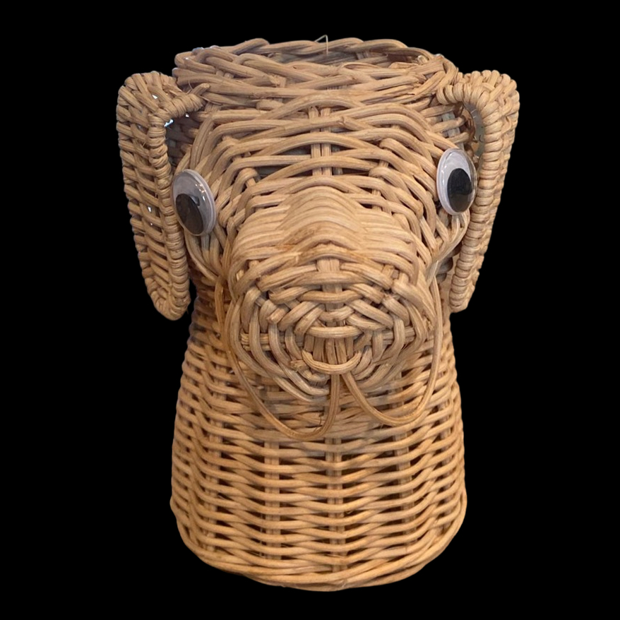 Vintage Wicker Puppy Dog with Googly Eyes Figural Basket/Planter