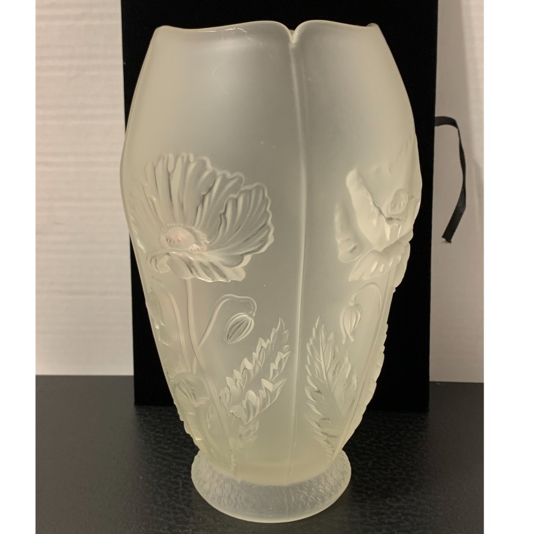 Gorgeous 1930s Barolac Czech Frosted Glass Poppy Vase Josef Inwald - 9.5”