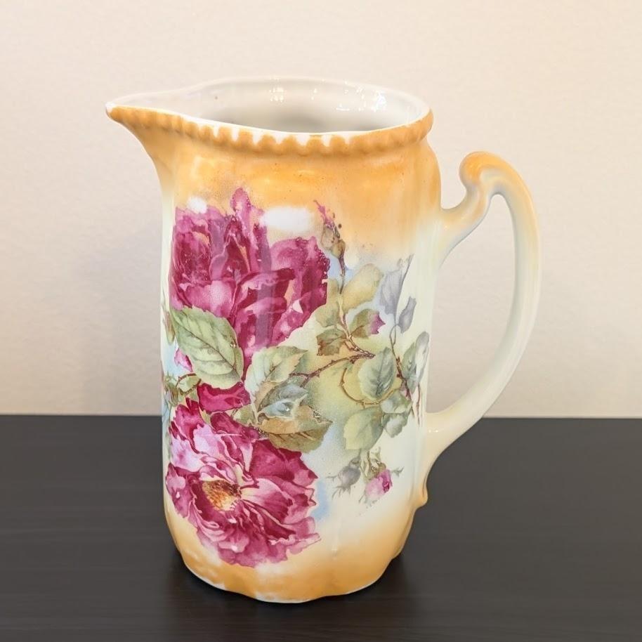 Antique Porcelain Pitcher with Large Rose Flowers and Orange Banding 6 ...