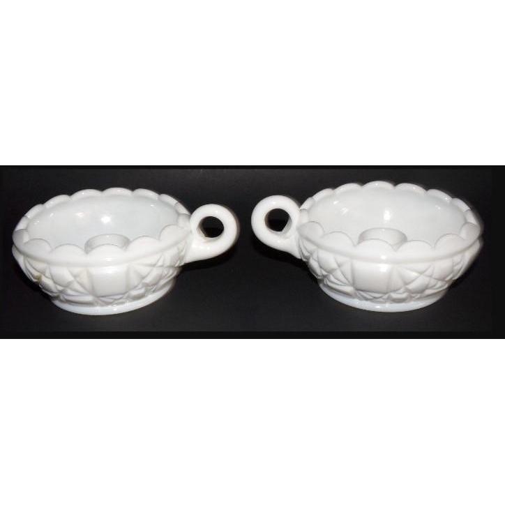 Vintage Fenton Milk Glass Block and Star Finger Loop Candleholder Pair
