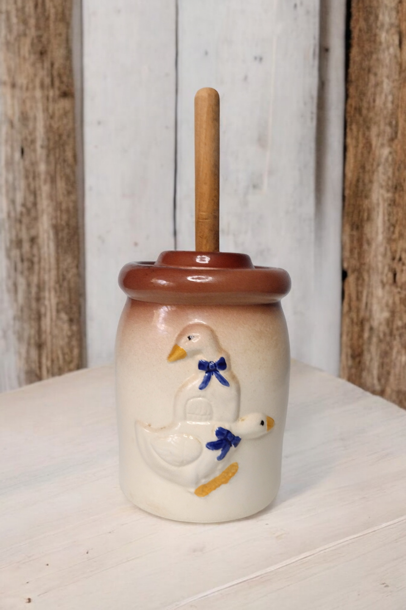 Vintage Ceramic Farmhouse Butter Churn Blue Bow Goose Country
