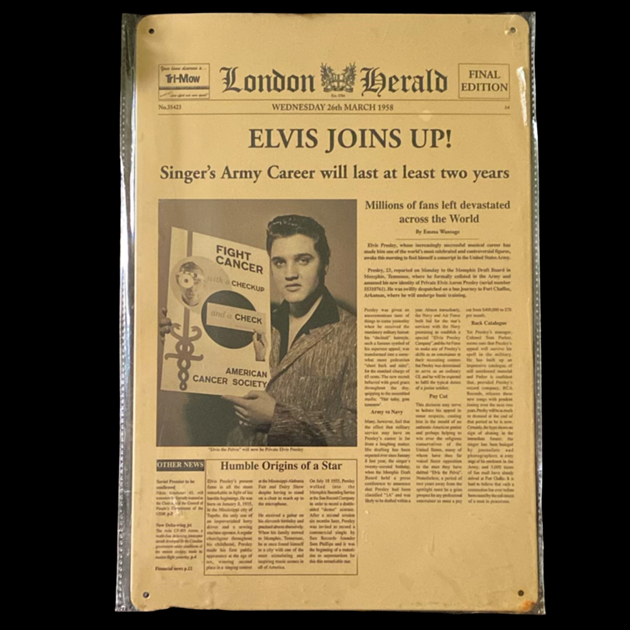 Elvis Tin Decorative Wall Hanging Newspaper Headline