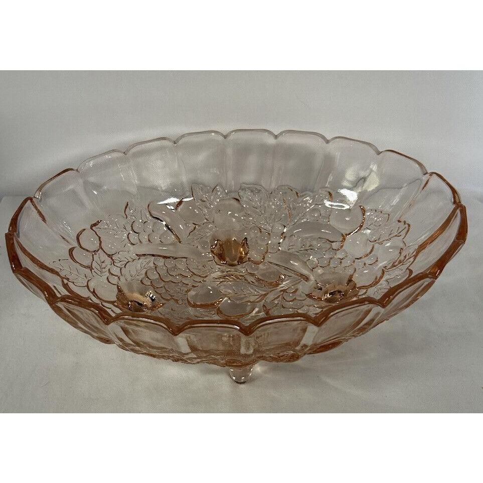 Vintage Pink Depression Glass Harvest Grapes Footed Oval Bowl