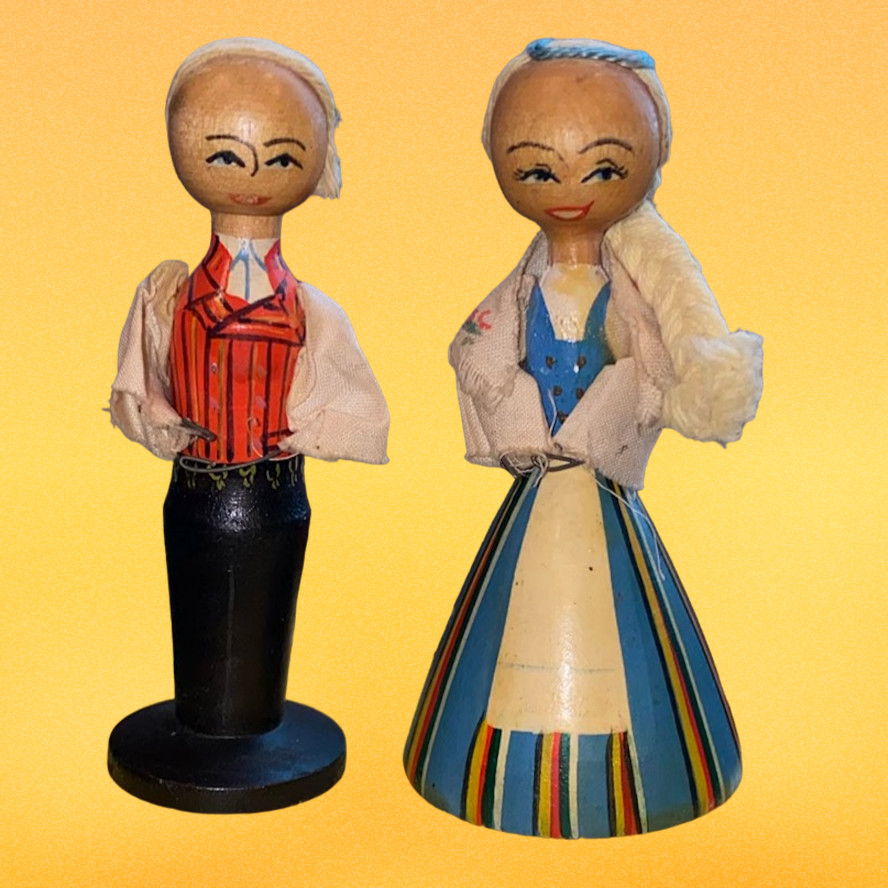 Vintage Munsala Hand Painted Folk Art Wooden Doll Figurines, Finland