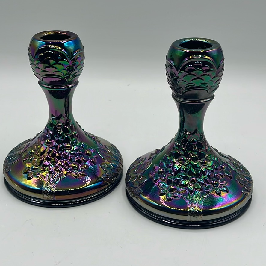 Fenton Orange Tree Taper Candle Holders 5” Oil Slick Amethyst Glass
