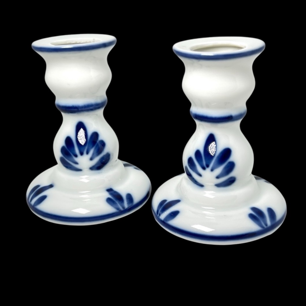Blue And White Pair Ceramic Candlesticks. Fan Or Palm Painted Pattern ...