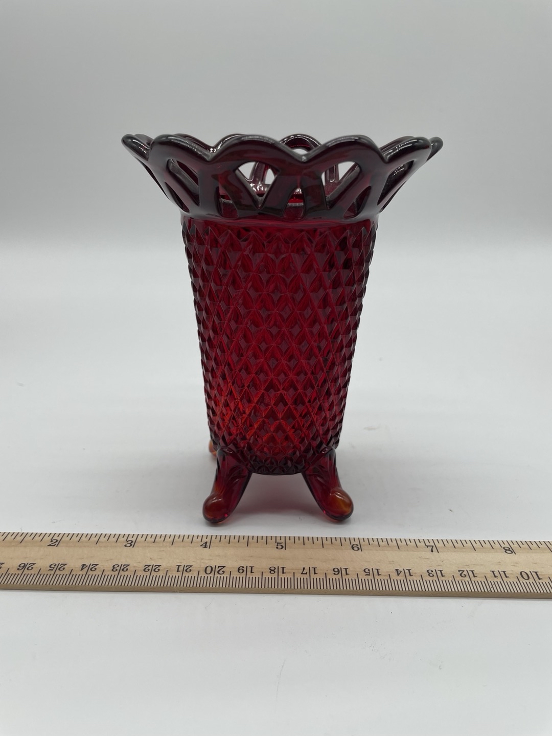 1930's Vintage Imperial Diamond Point Ruby Red Glass Footed Vase Laced Edge