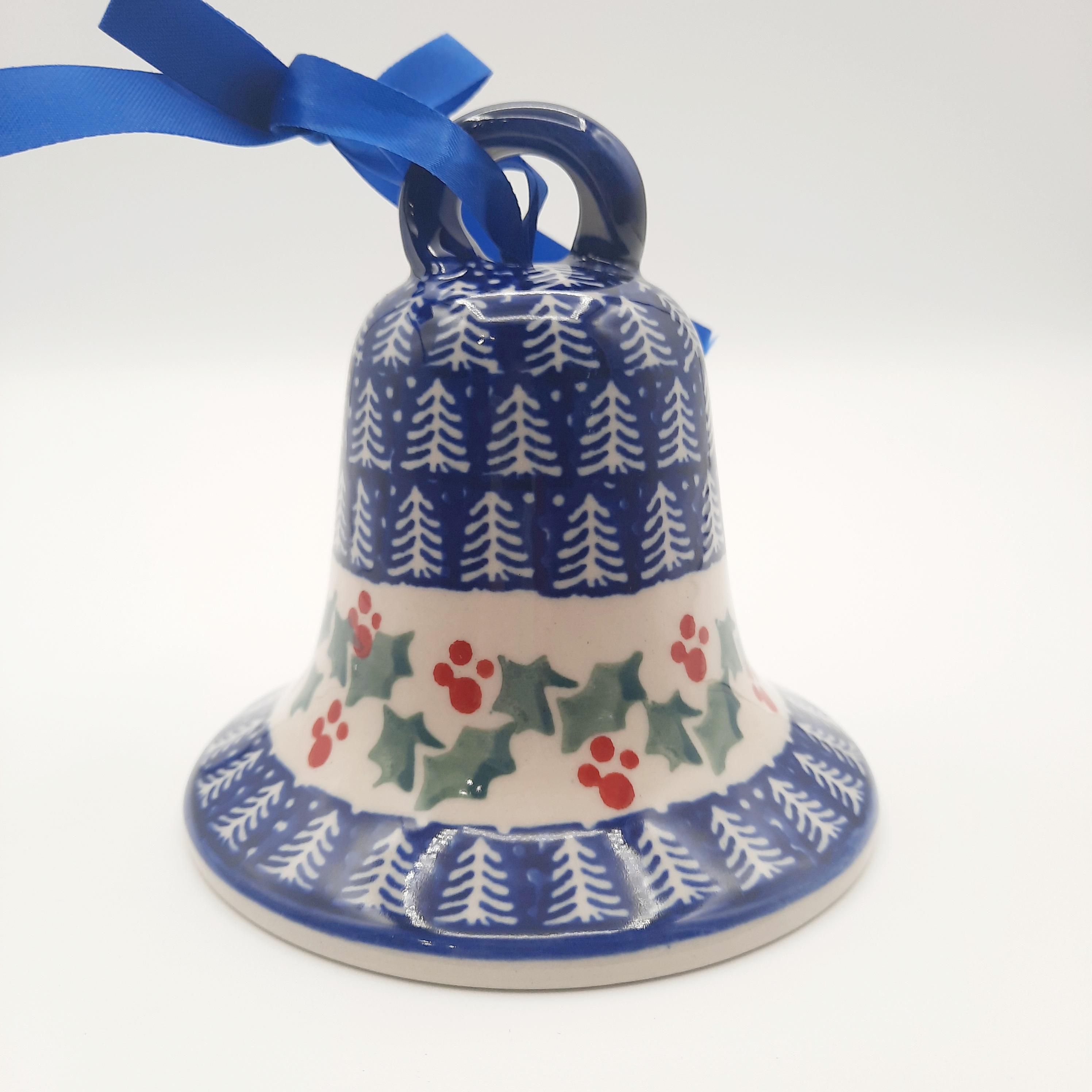Polish Pottery Boleslawiec Christmas Bell Holly & Christmas Trees