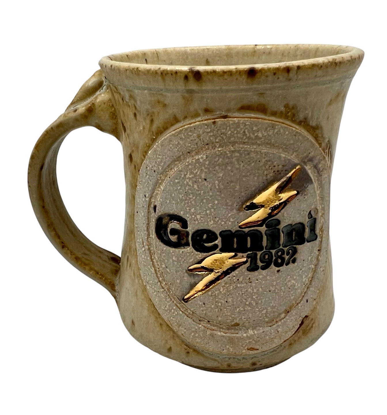 Signed Studio Art Pottery Stoneware Mug Gemini 1982 Lightning Bolt Gold Beige