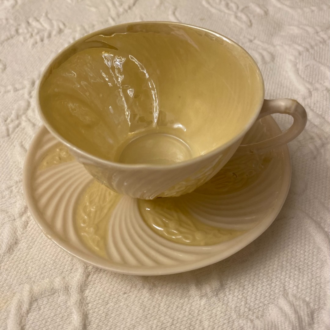 RARE! VINTAGE IRISH BELLEEK TEA CUP AND SAUCER (NEPTUNE PATTERN)