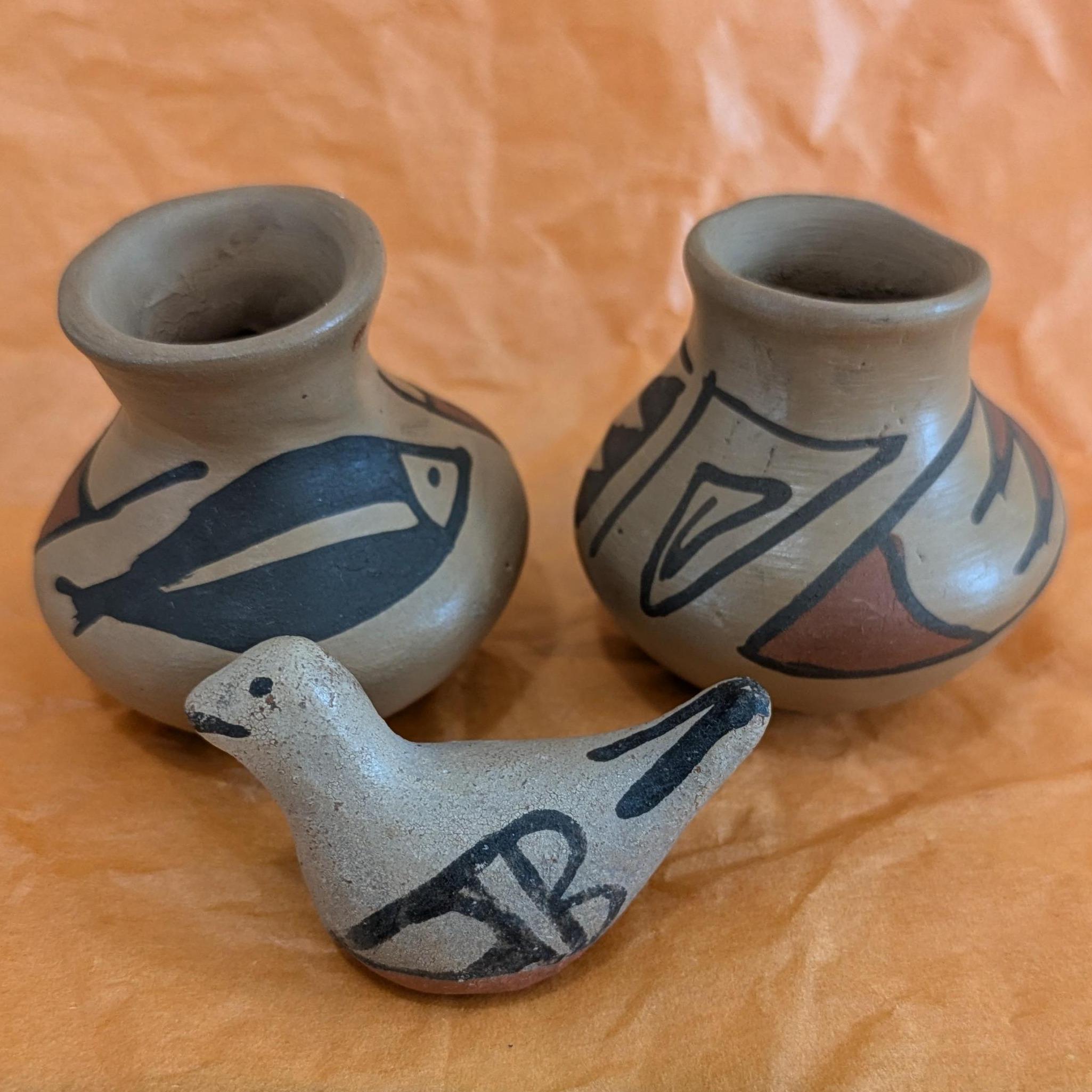3 Piece Vintage Miniature Native American Red Clay Art Pottery Vases & Bird