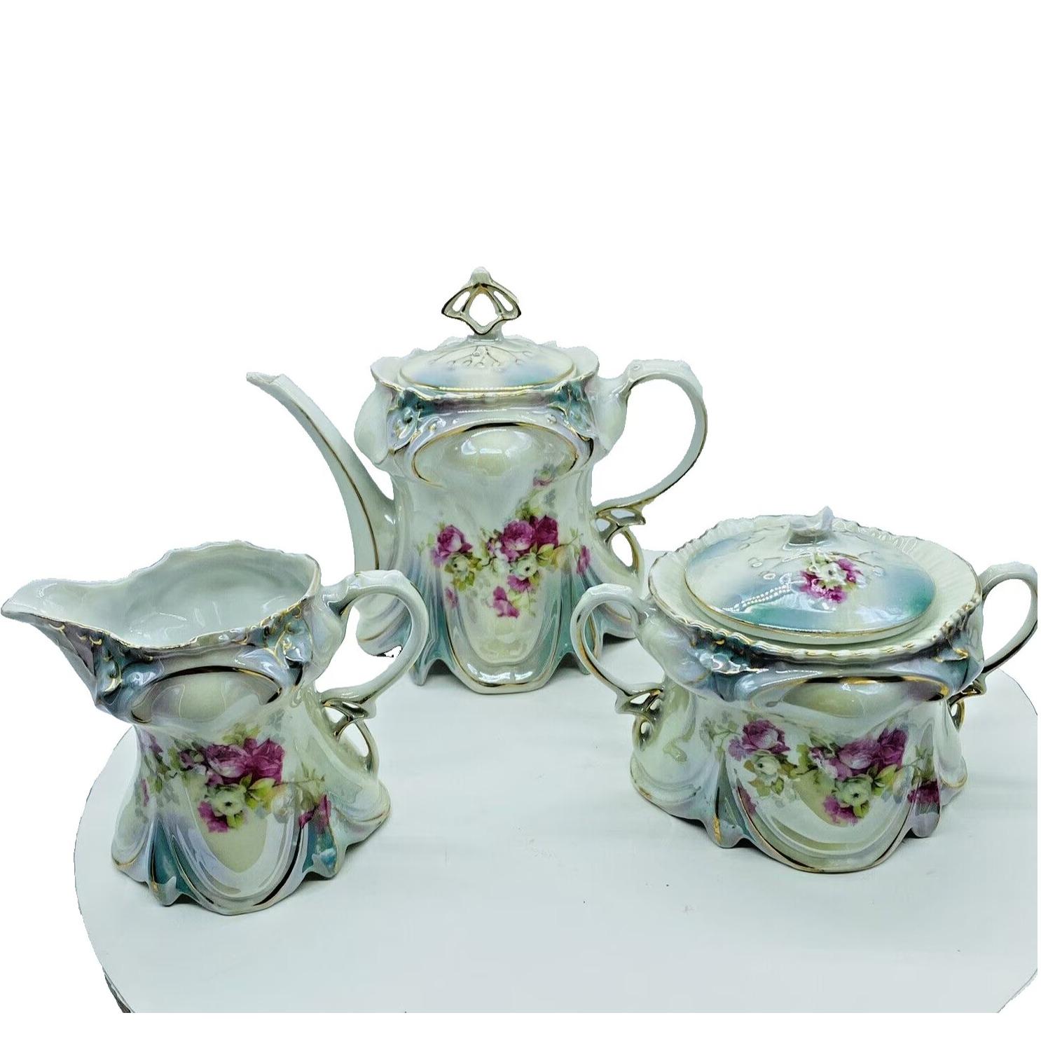 Antique 3 pc Austrian lustreware tea set teapot cream sugar (flaw) blue ...