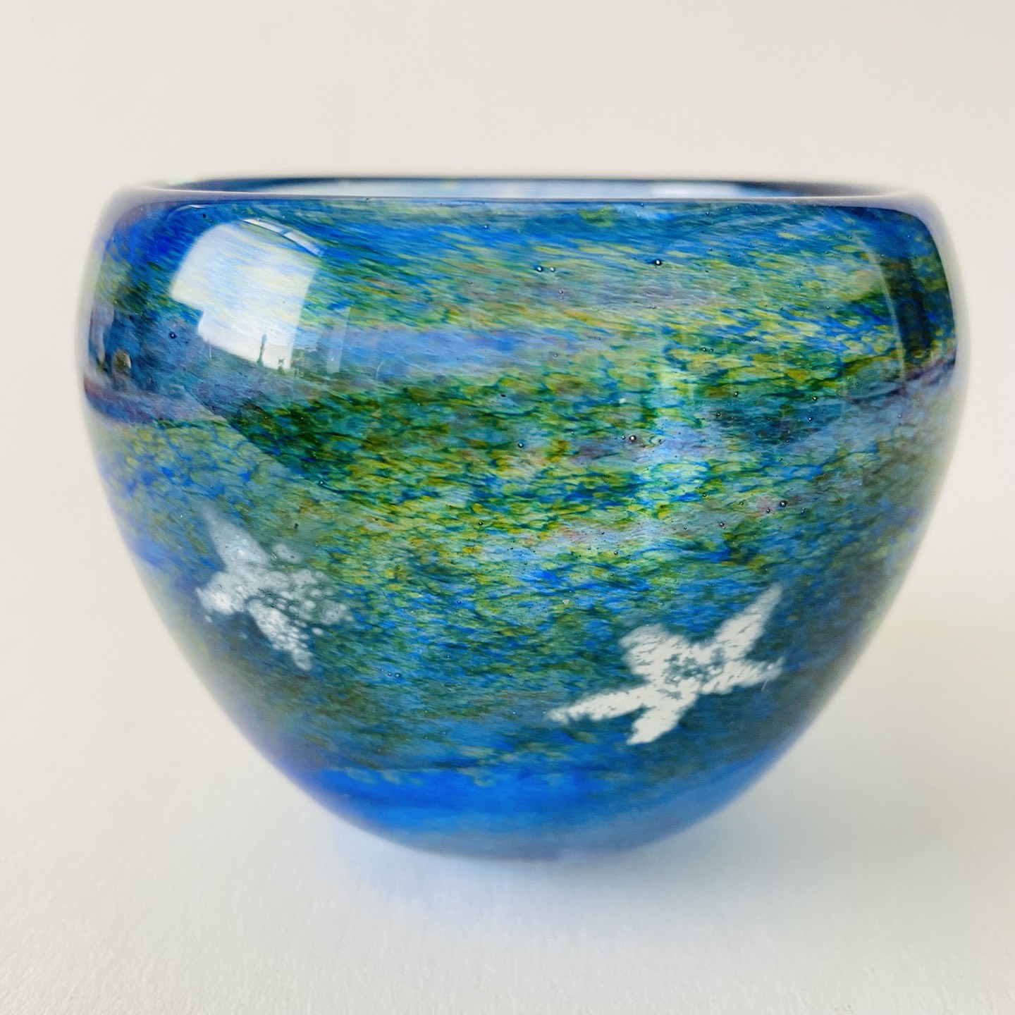 Handmade Blown Art Glass Blue Stars Cosmic Galactic Bowl Signed Carol ...