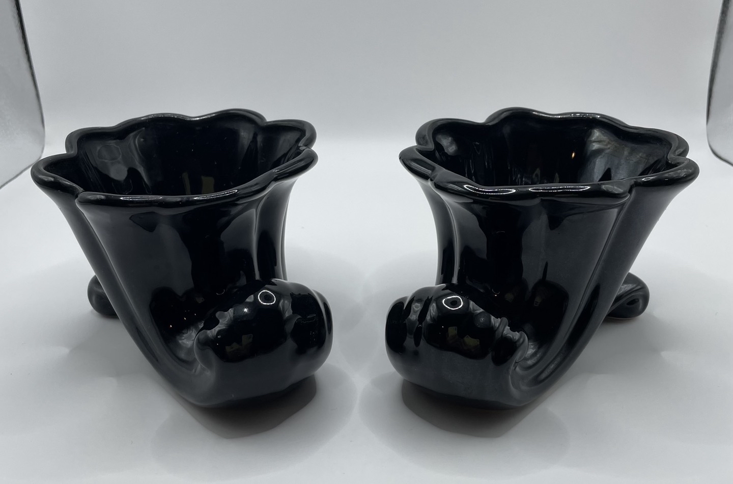 One Pair, Black Ceramic, Cornucopia Planters