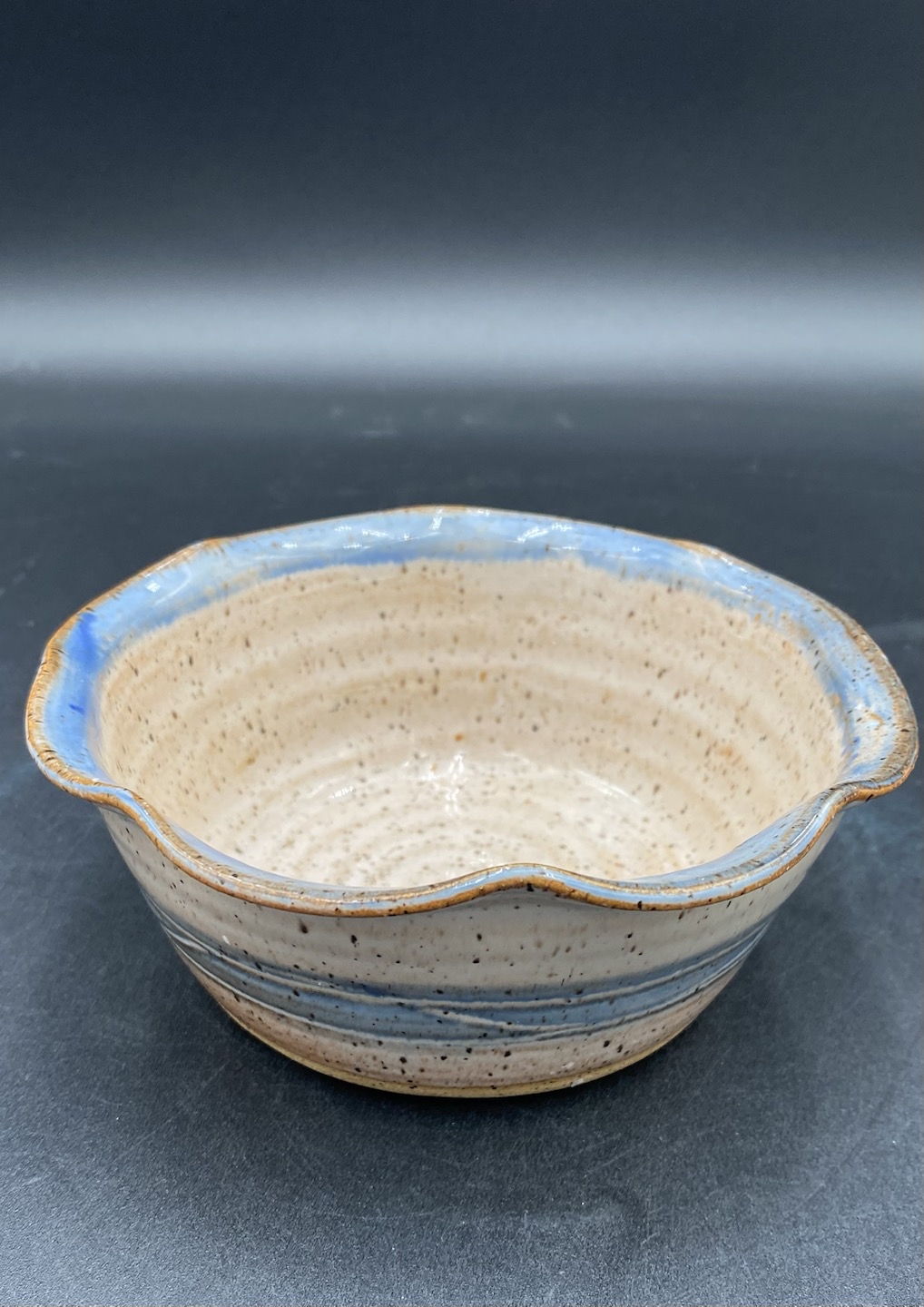 Studio Pottery Stoneware Blue Ruffled Bowl, Etched Blue Middle, Stamped