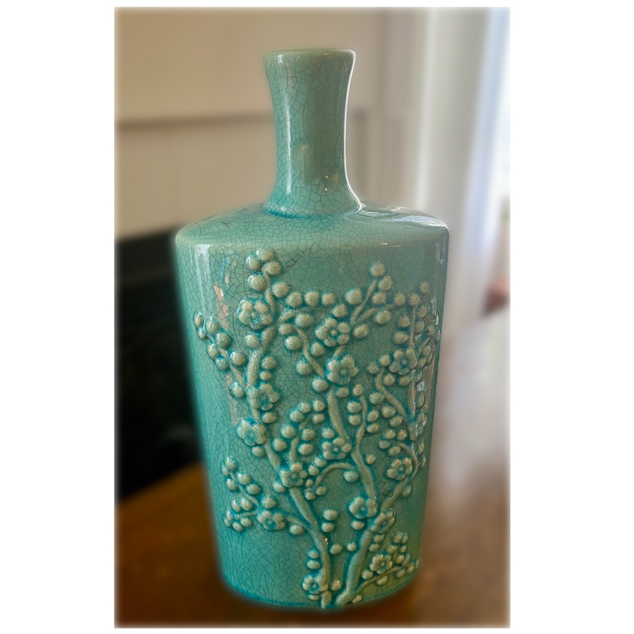 290. Beautiful Detailed Ceramic Cerulean Blue Bottle Vase 12.5” Tall