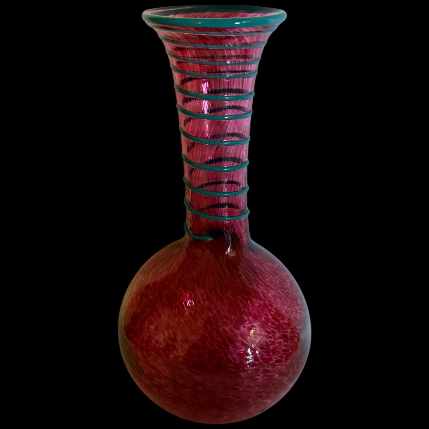 Ron Quick Cranberry Slapped Applied Spiral Glass Vase 8.5”