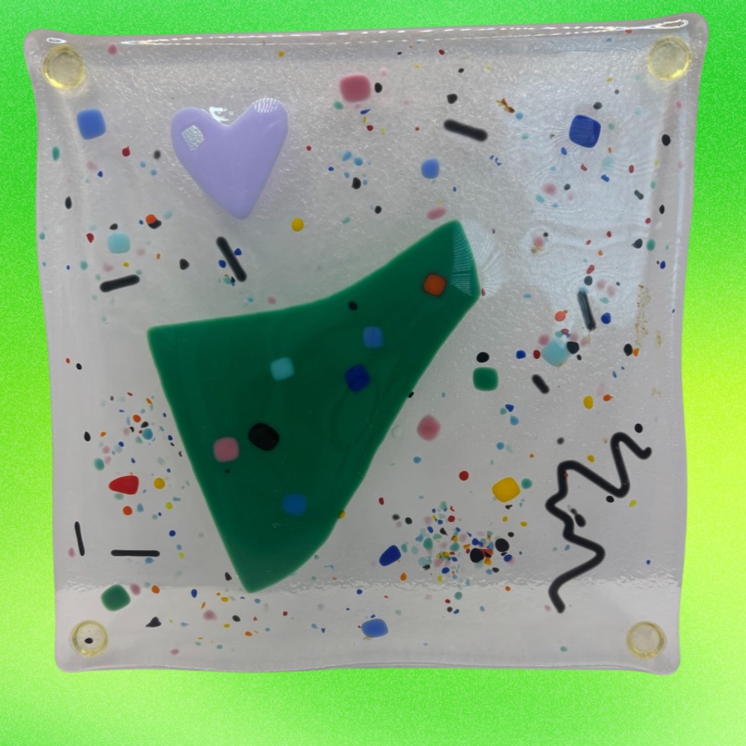 Fused Art Glass 7.5” Square Trivet Geometric Design