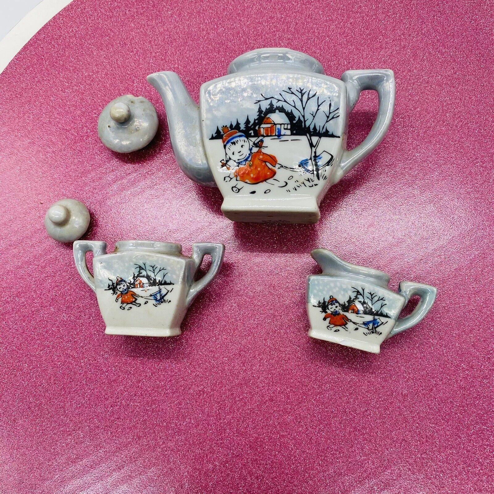 Miniature Dolls Teaset Child Play Winter Scene Teapot Sugar Creamer