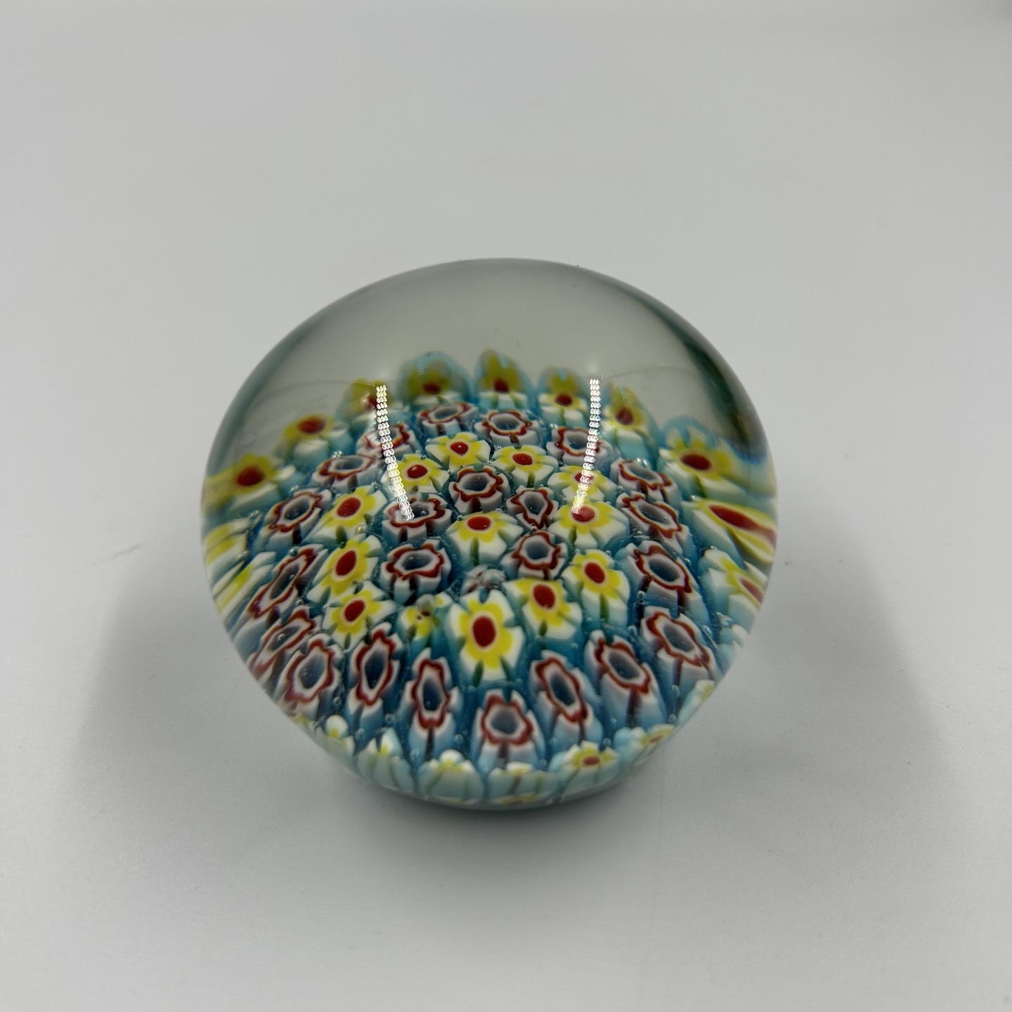 Art Glass Paperweight Millefori Blue, Yellow, Red, And White Flower
