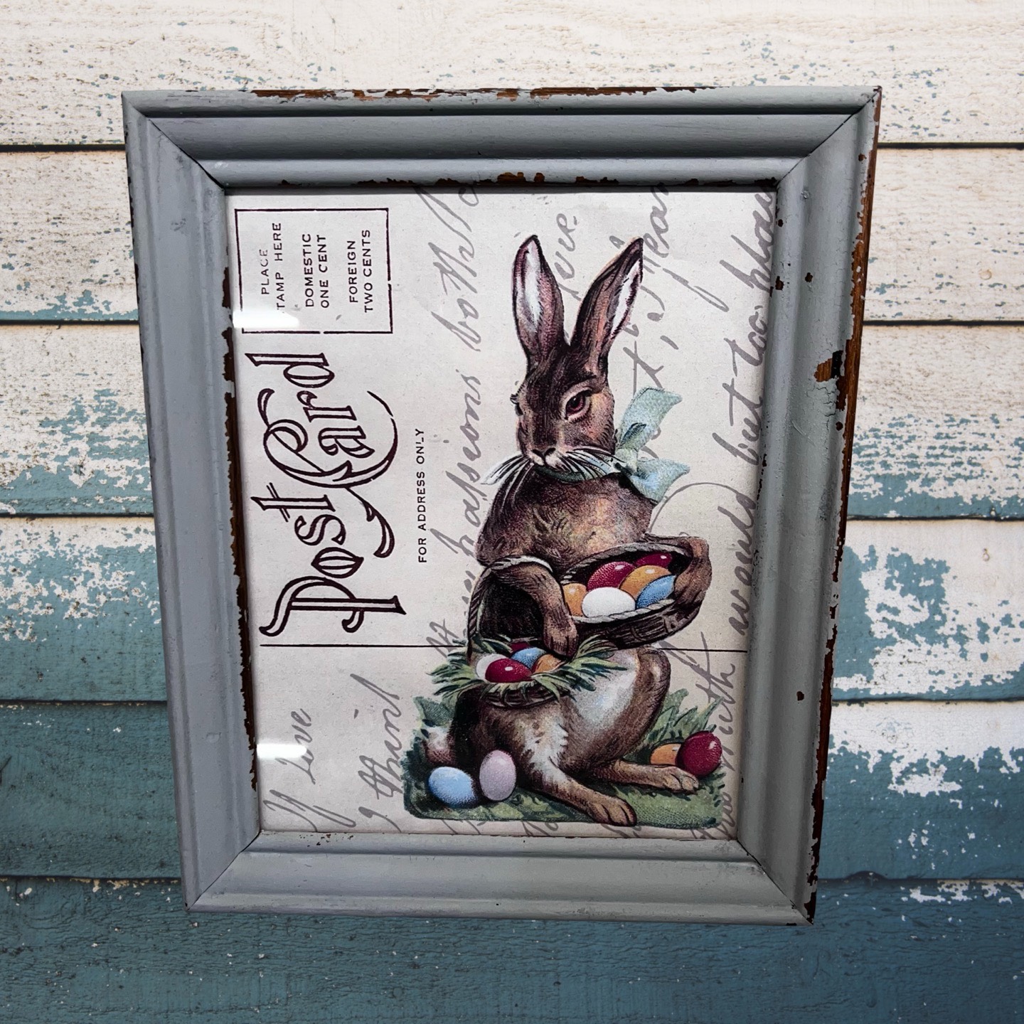 Upcycled Chippy Rustic Distressed Gray Wood Framed Bunny Rabbit Spring ...