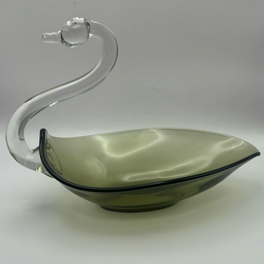 Vintage 1950’s Duncan Miller Handblown Smoky Avocado Green And Clear Swan