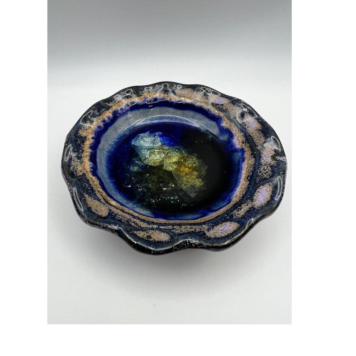 ART POTTERY/FUSED GLASS COMBINATION TRINKET DISH