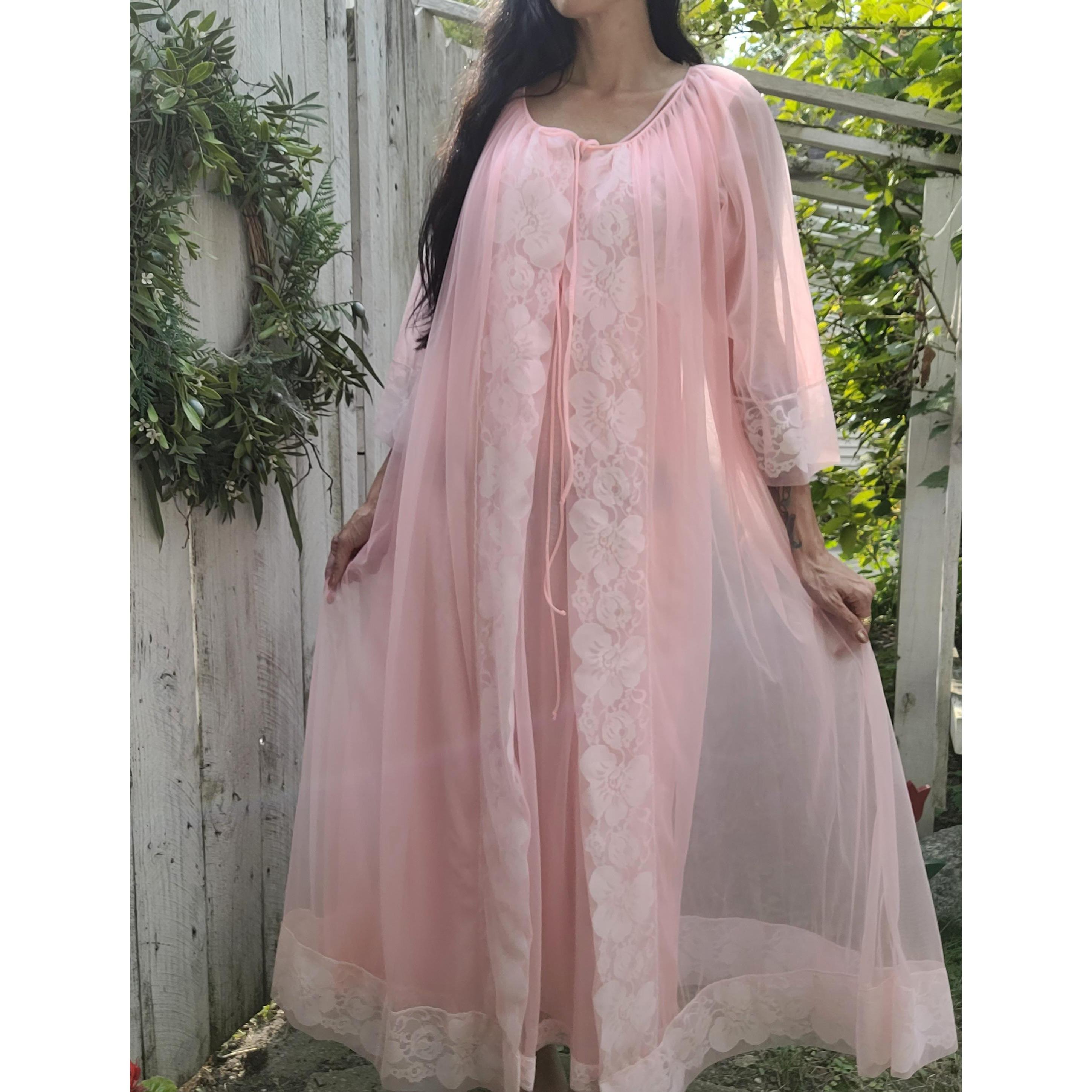 Vintage Miss Elaine Pink Sheer Chiffon Lace Boudoir Peignoir Robe ...