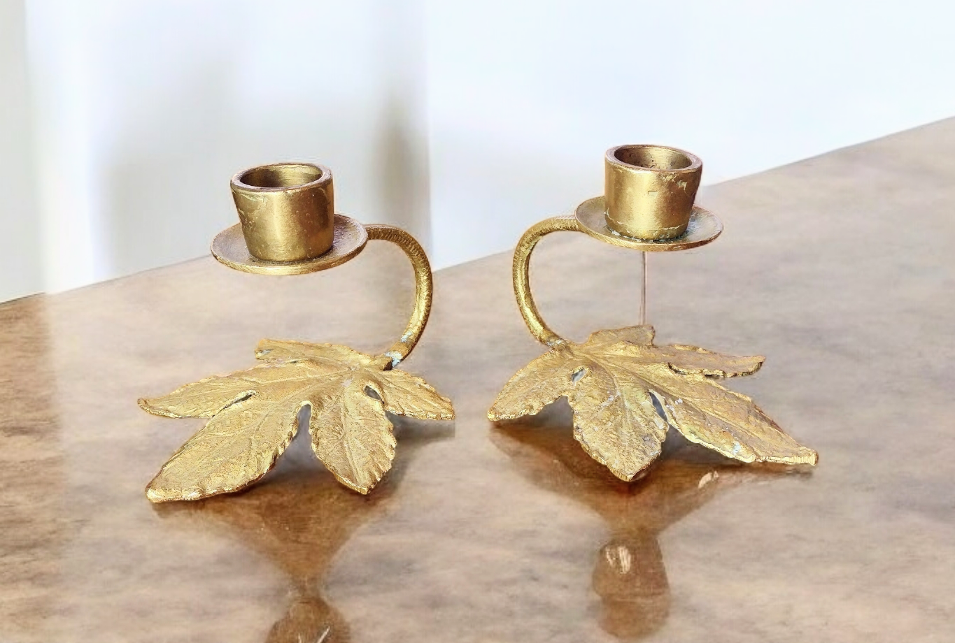 Brass Maple Leaf Candlestick Holders Vintage Curved Botanical Decor
