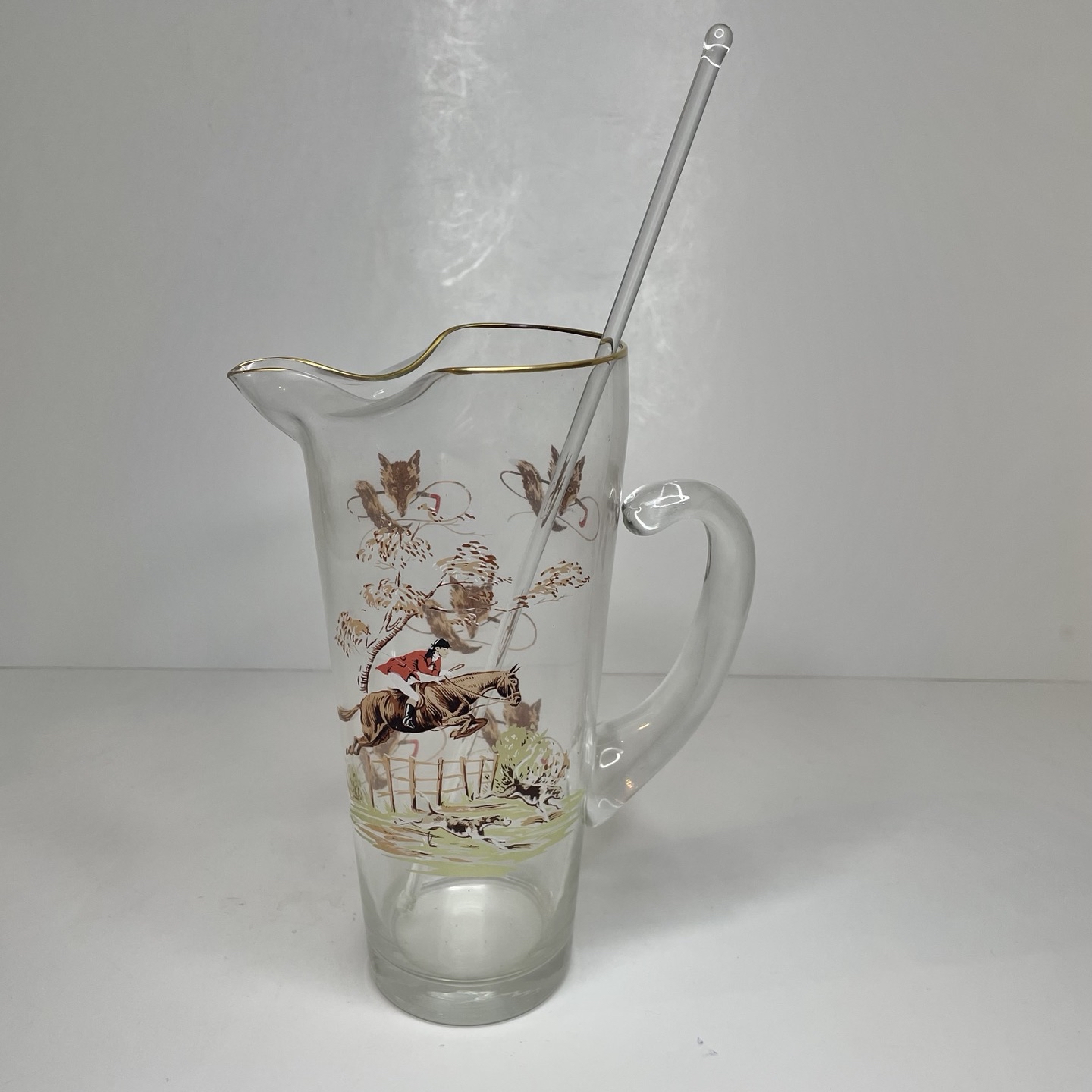 MCM Fox Hunt Crop Whip Equestrian Glass Cocktail Pitcher With Stir ...