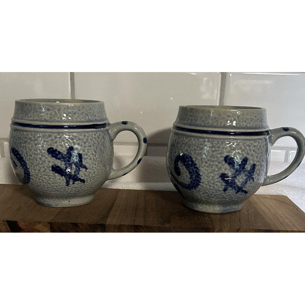 Vintage Pair Marzi Remy Vintage German Blue Salt Glaze Pottery Round Mugs