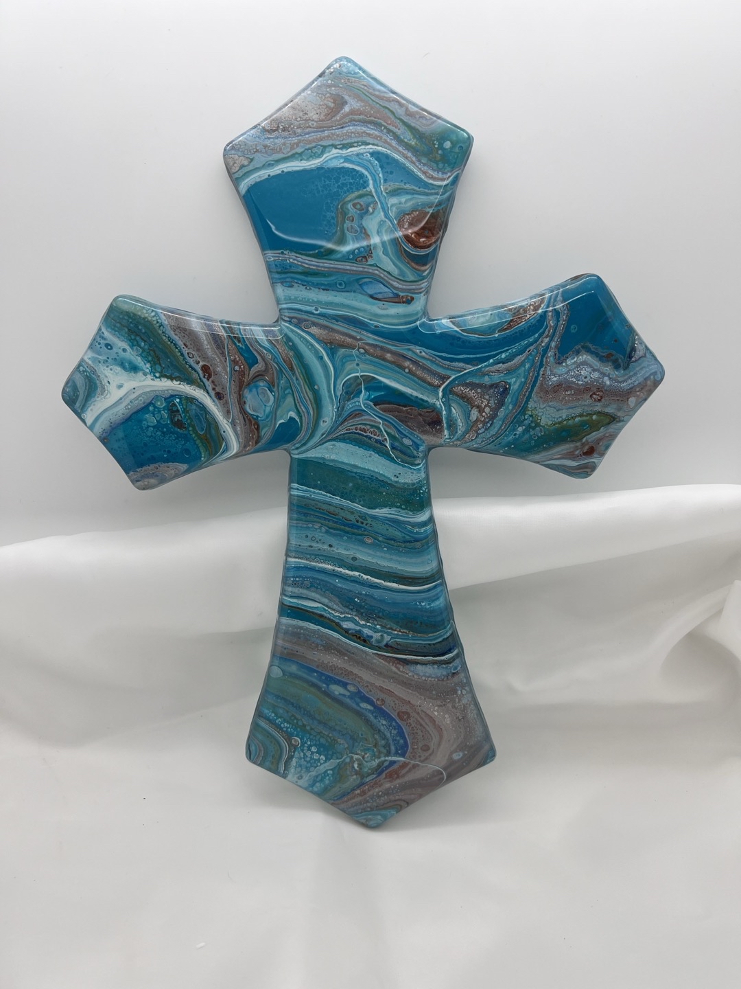 Original Artwork. Acrylic Pour Painted Cross Sealed With Resin.