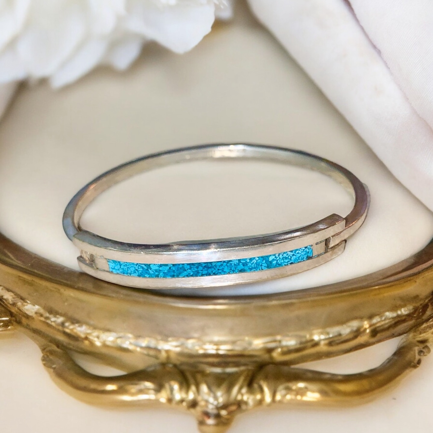 Bangle Mexico .925 Bracelet Turquoise Inlay Clamp