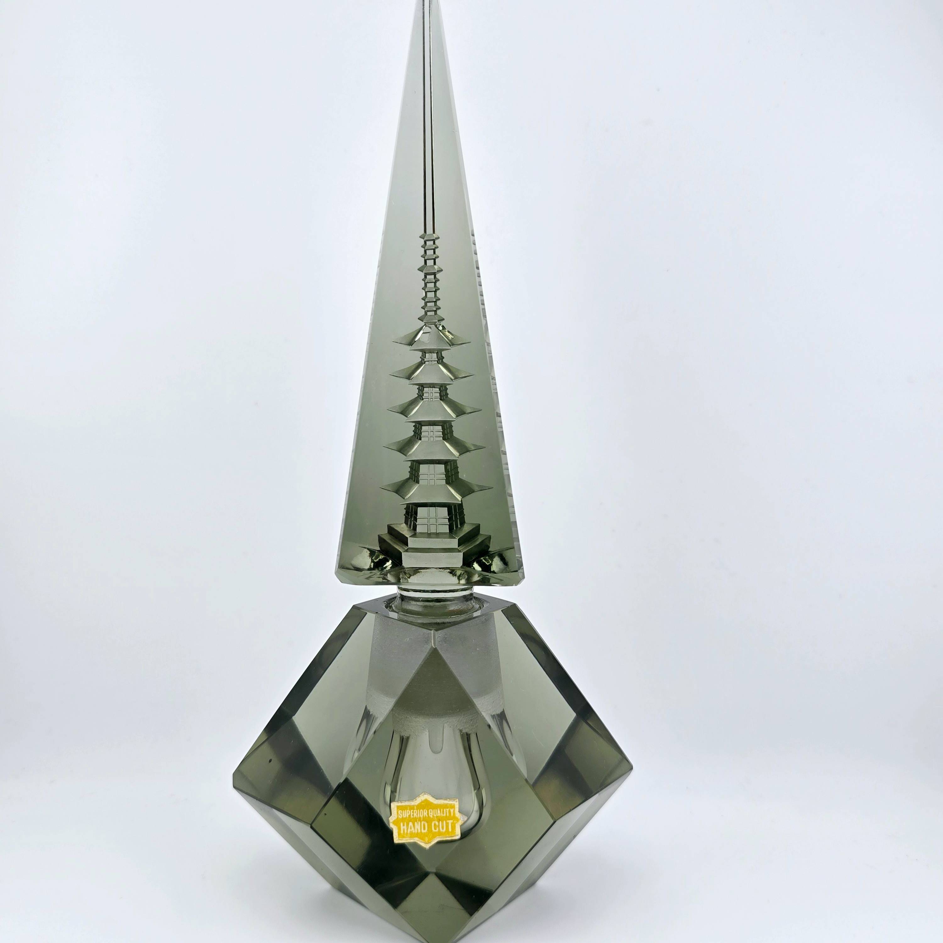 As is. Hoya Japan Reverse Cut Smoke Colored Crystal Pagoda Perume Bottle 9'