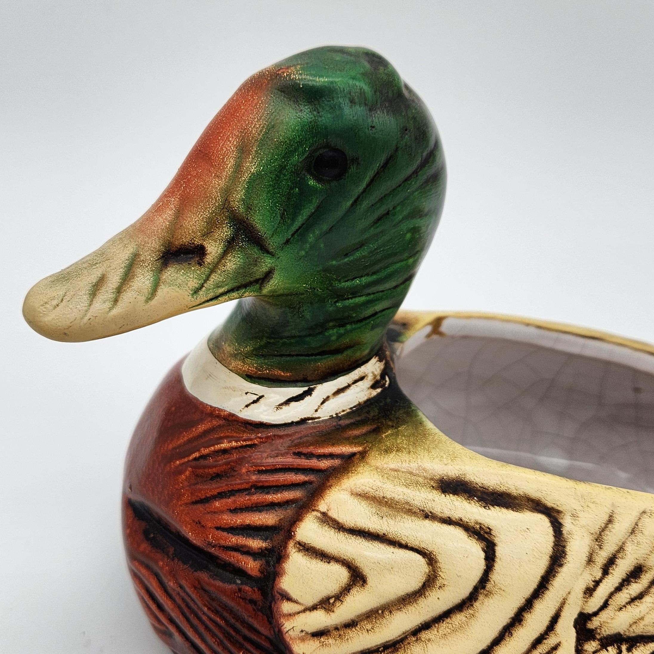 Vintage Mallard Duck Planter Ceramic with Carved Look Hunter Cabin Up North