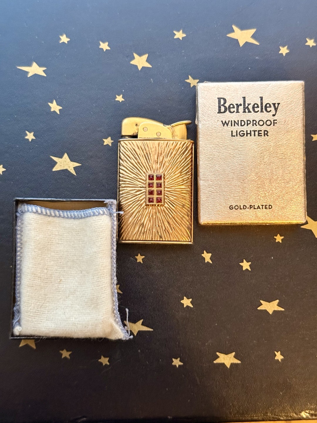 Vintage 1950’s Berkeley Gold-Plated Red Rhinestone Windproof Lighter w ...