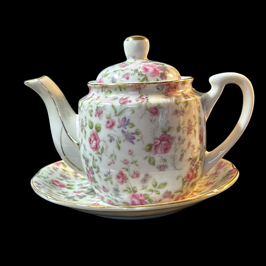Left on Chintz Hand Painted Teapot With Under plate.