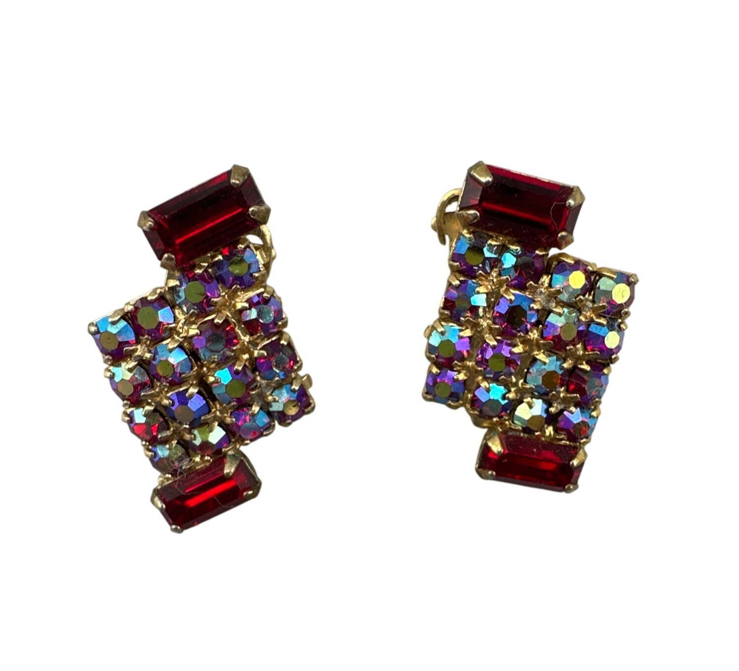 Vintage Ruby Red Aurora Borealis Rhinestone Clip-On Earrings Sparkle ...