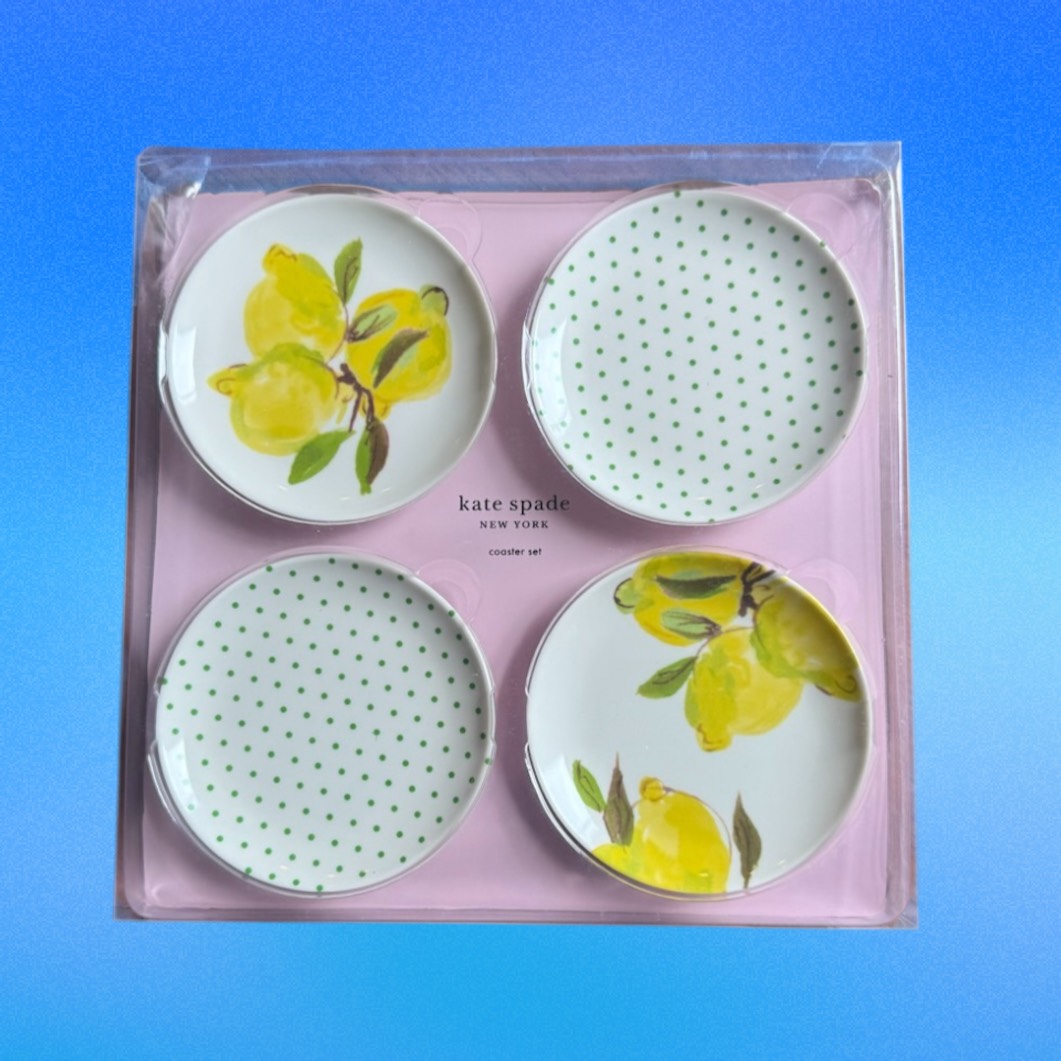 Kate Spade Lemon Melamine 4 Inch Coasters Set Of 4 Lemons And Polka Dot ...