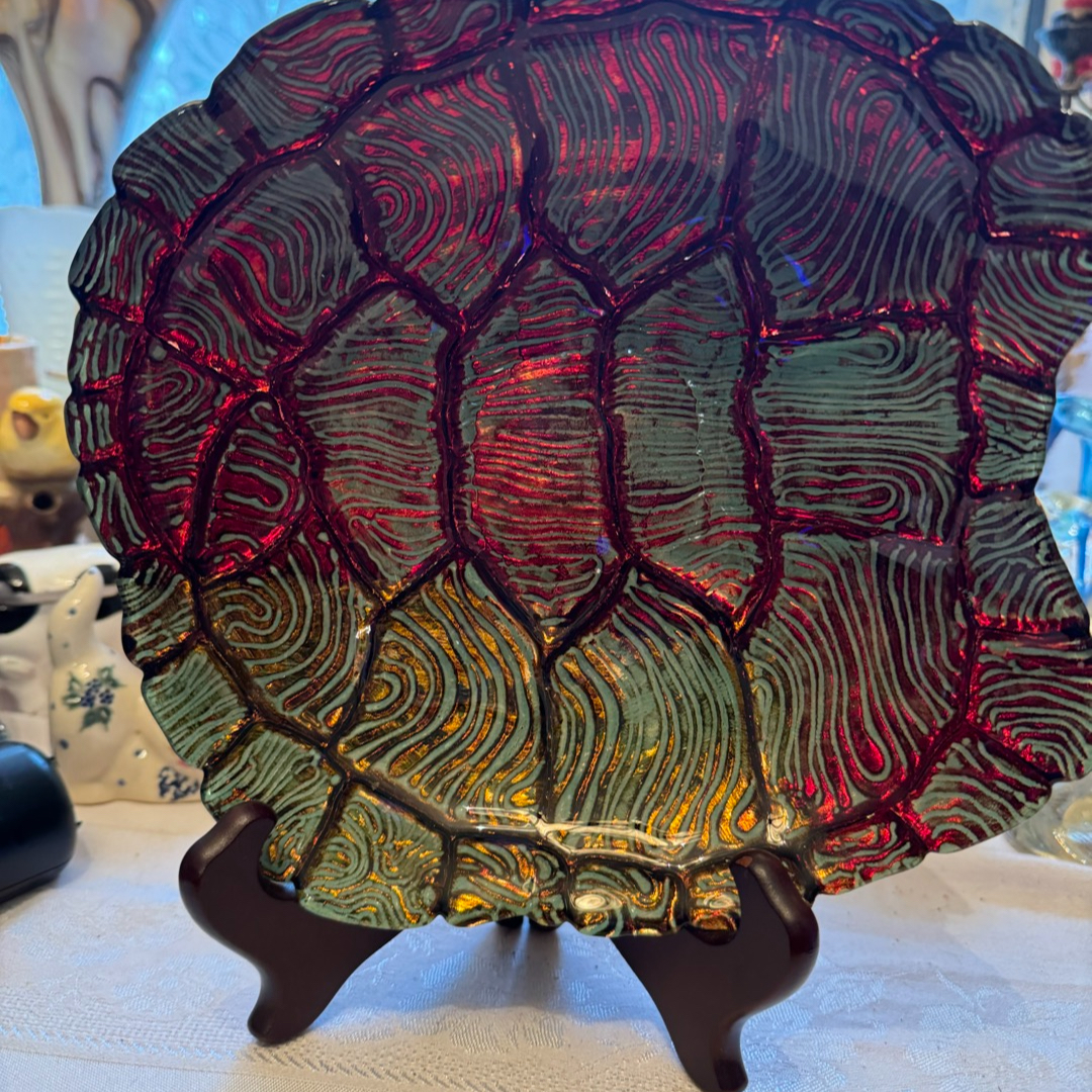 Red Pomegranate Handpainted Artglass Turtle Shell Bowl Gold Leaf Back